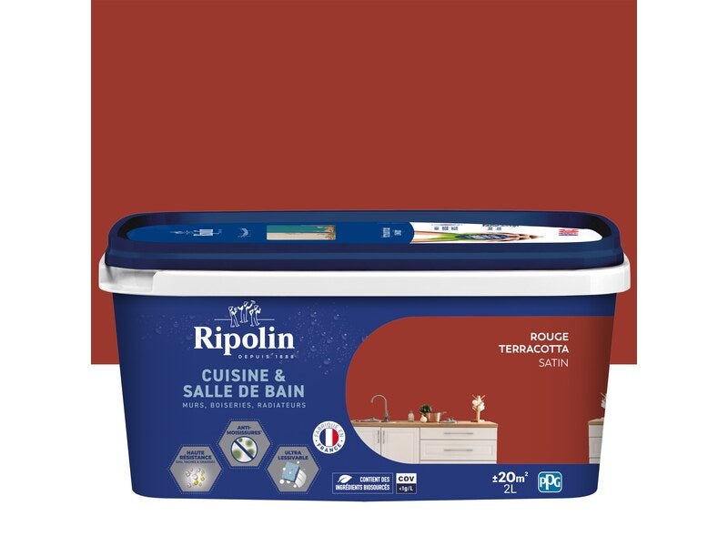 Peinture mur, RIPOLIN cuisine et bain, 2 litres, rouge terracotta satin